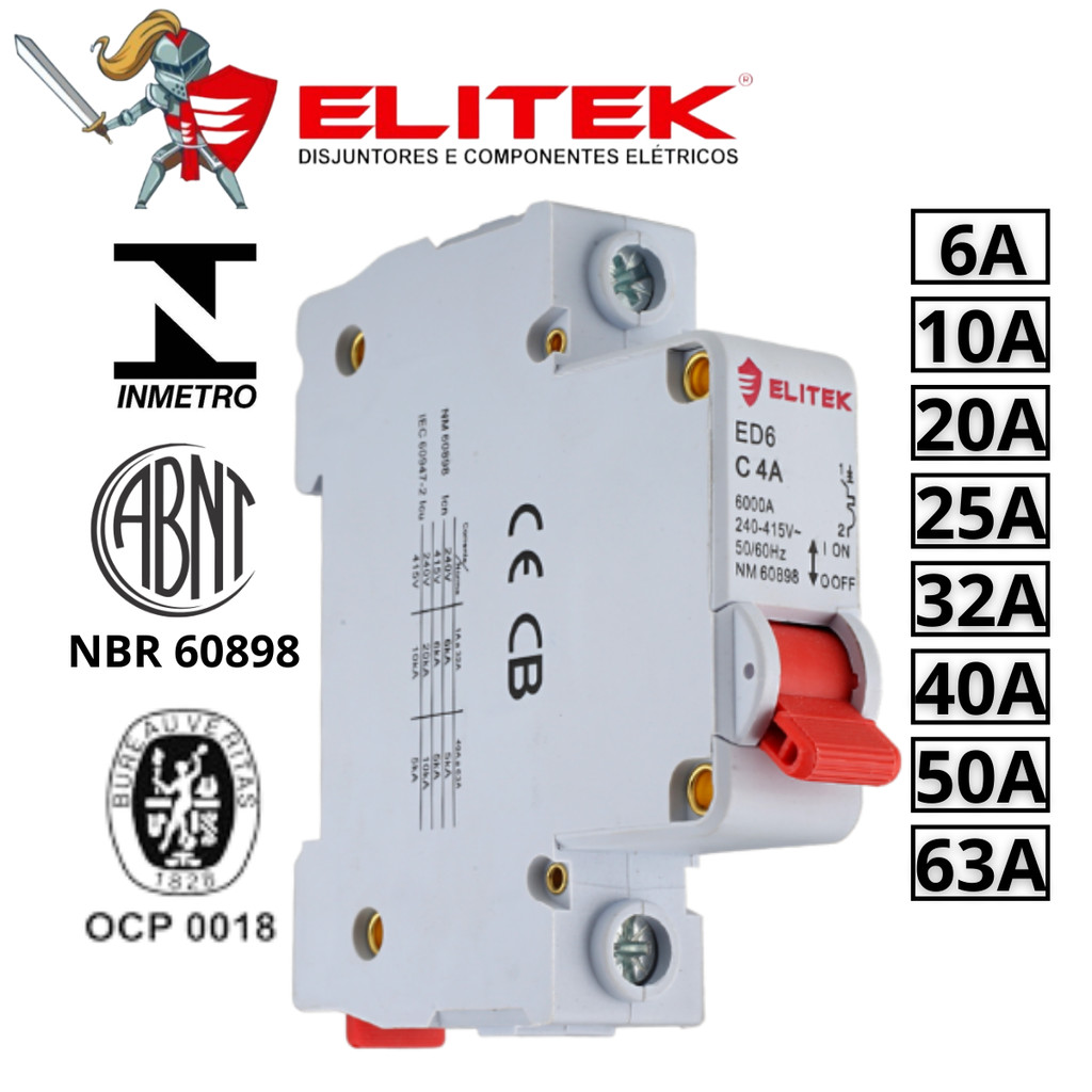 Disjuntor Curva C Unipolar Monopolar Elitek 10A, 16A, 20A, 25A, 32A, 40A, 50A, 63A | Shopee Brasil