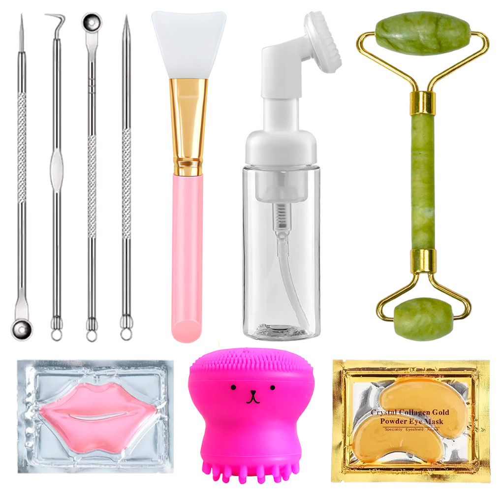 Kit Skincare Facial Polvo + Pad Labial e Olheira + Rolo Jade + Pump + Extrator de Cravos ...