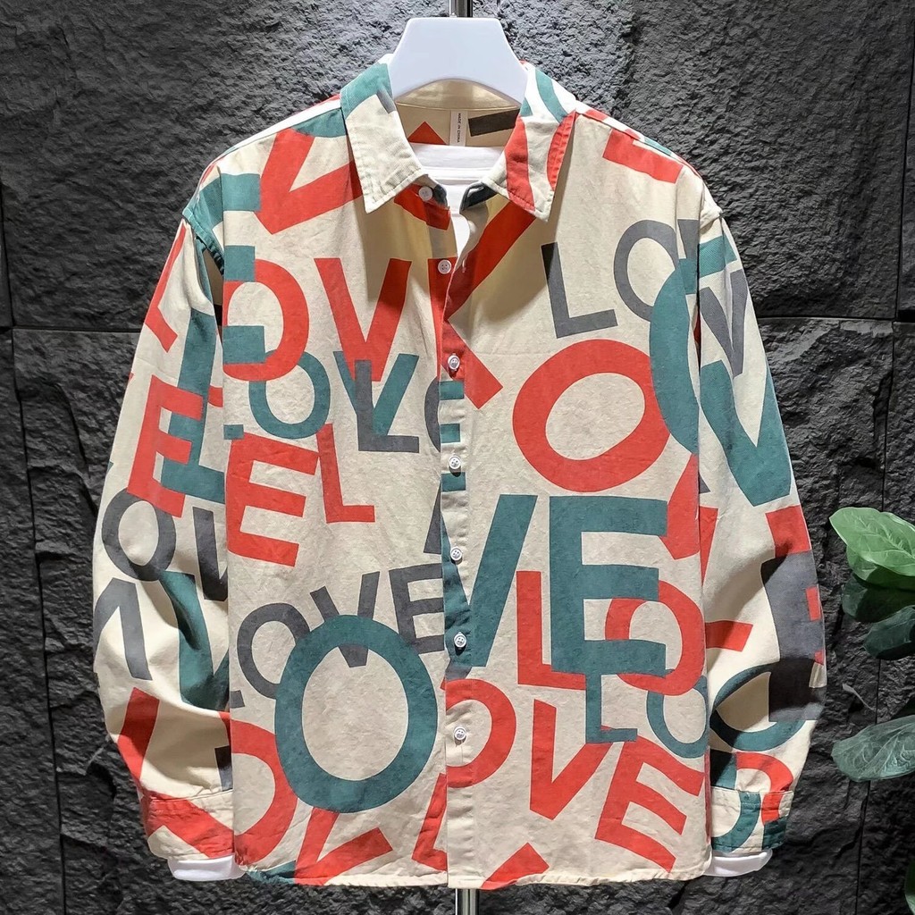 Outono Estilo Coreano Carta Impressão Lazer Camisa De Manga Longa Solta ...