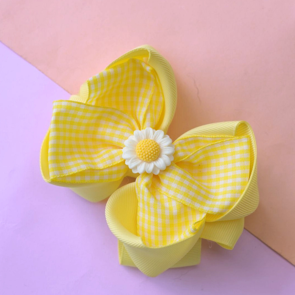 Laço baby/ Laço xadrez Amarelo /Laço na Faixinha Rn/ Laço AC / com flor ...