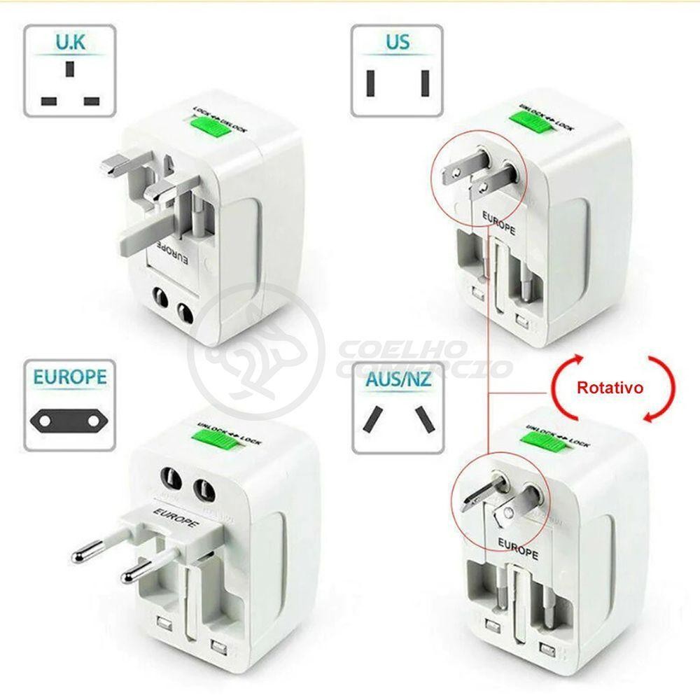 Adaptador Tomada Universal Padrão 150 Países Uk Europa Eua Asia Viagem ...