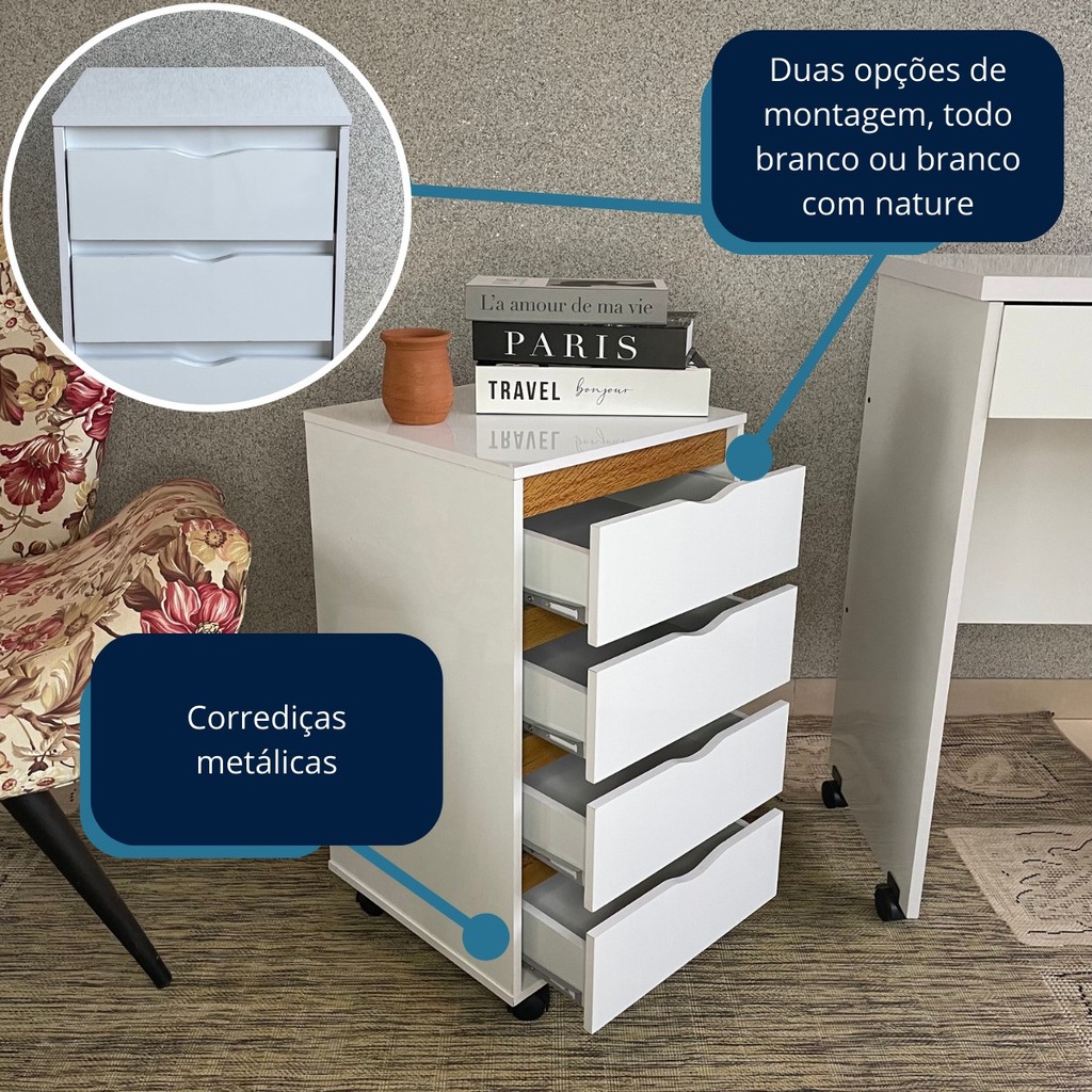 Gaveteiro Escritório mesa de cabeceira criado 4 gavetas com rodinhas Branco - MOD 0701 | Shopee ...