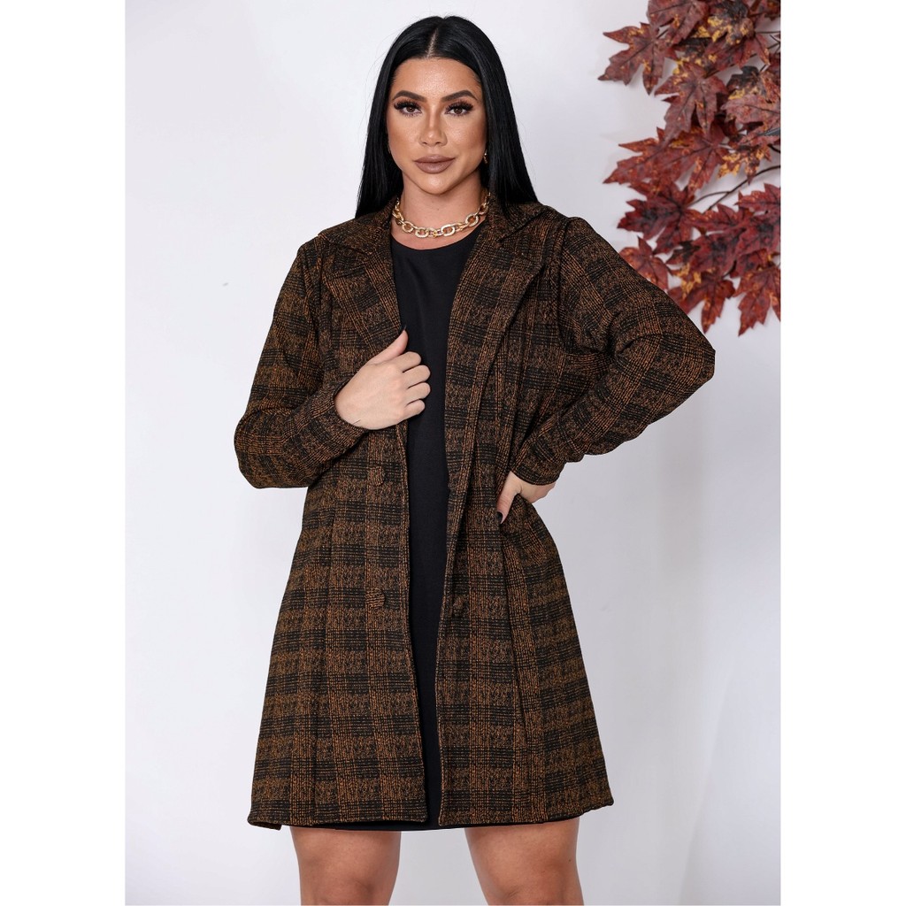 Casaco Sobretudo Feminino Cardigan Xadrez Moda Inverno Elegante ...