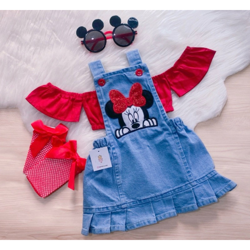 Jardineira Salopete Jeans Minnie Macaão Lillo body vestido saia ...
