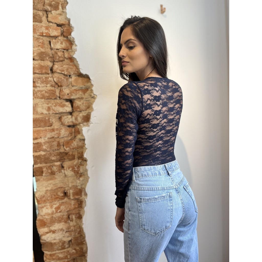 Body Renda Manga Longa azul marinho | Shopee Brasil