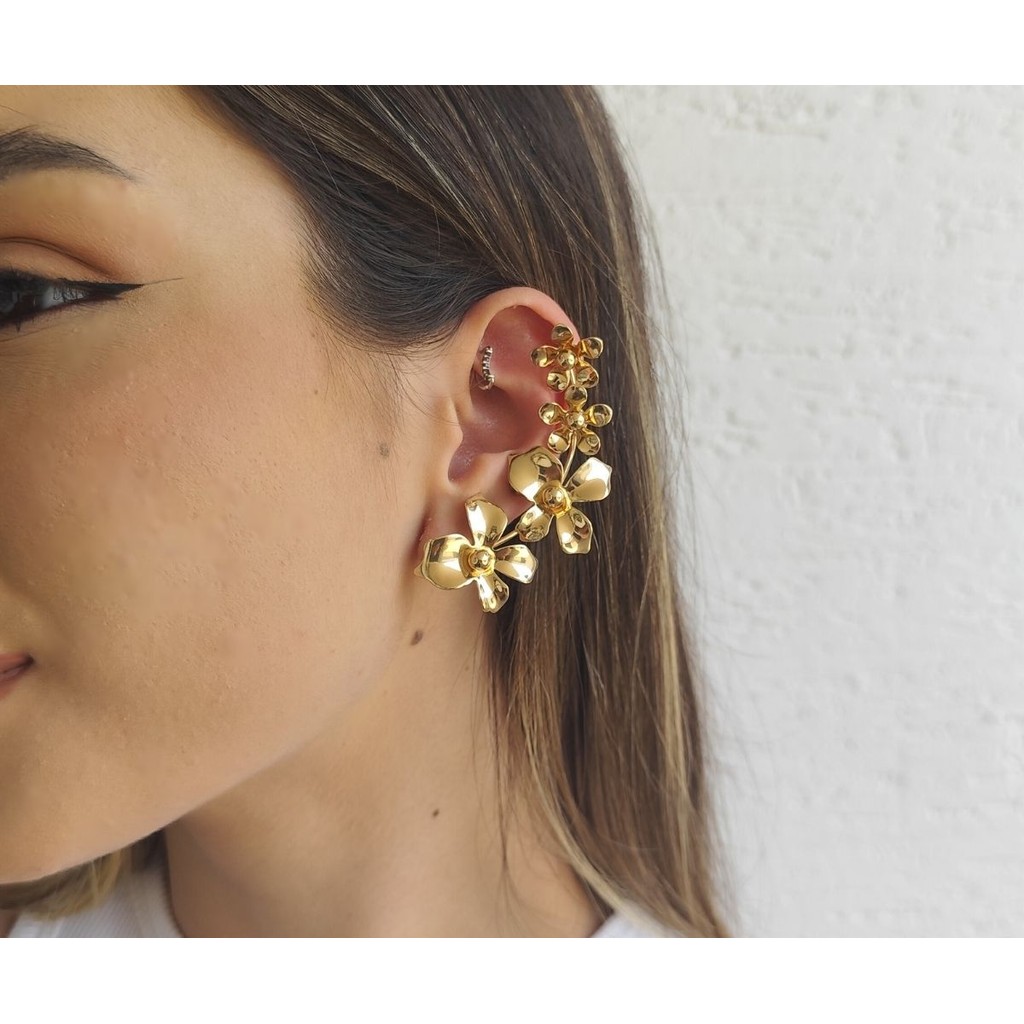 Brinco Ear Cuff Cascata de Flores Moderno Delicado Festas | Shopee Brasil