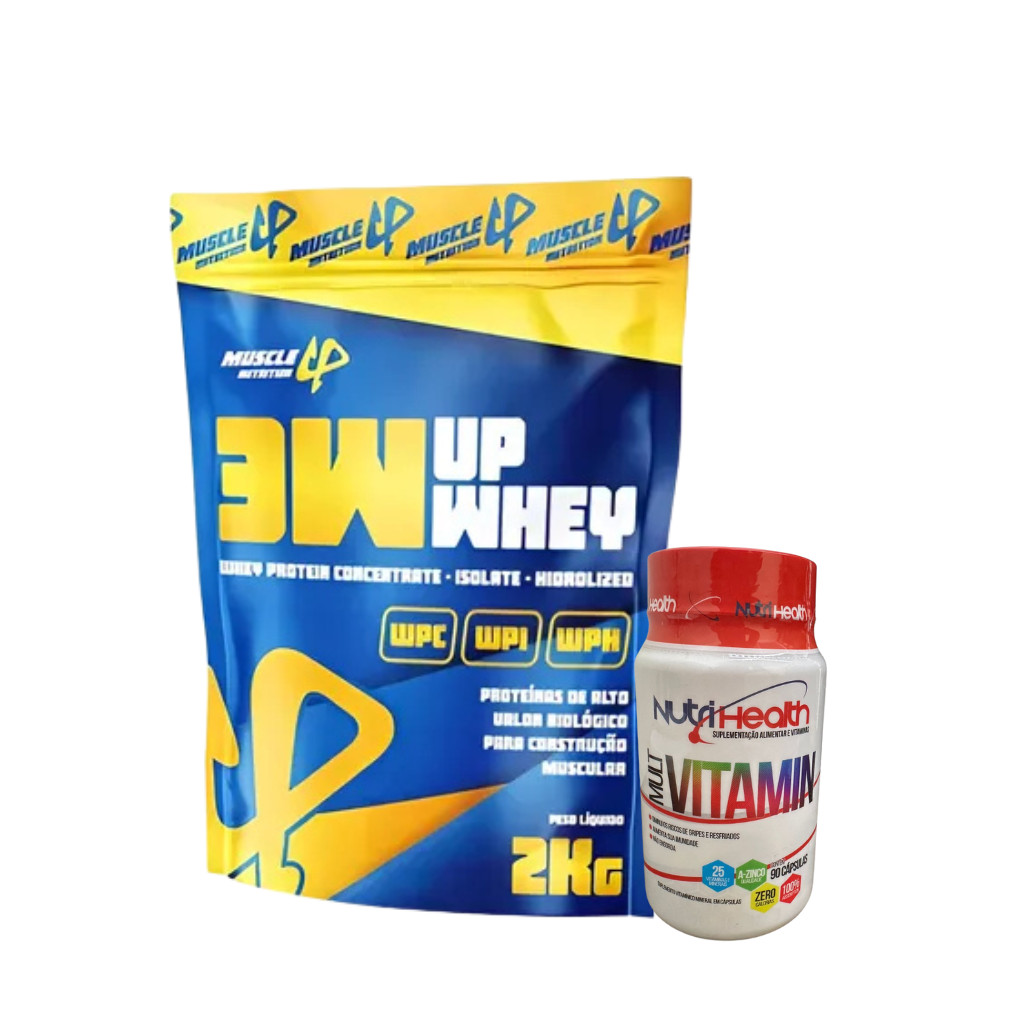 Kit 3W Whey Muscle 2kg + Multi Vitamínico Nutri Health 90 Cápsulas | Shopee Brasil