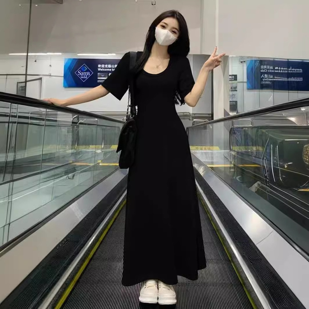 Vestido coreano preto de manga curta feminino verão 2024 novo U decote ...