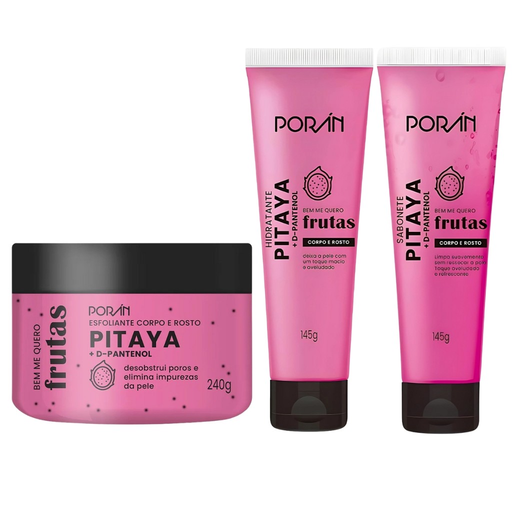 KIT Porán Para Corpo e Rosto Pitaya Esfoliante 240g + Hidratante 145g + Sabonete Líquido 145g ...