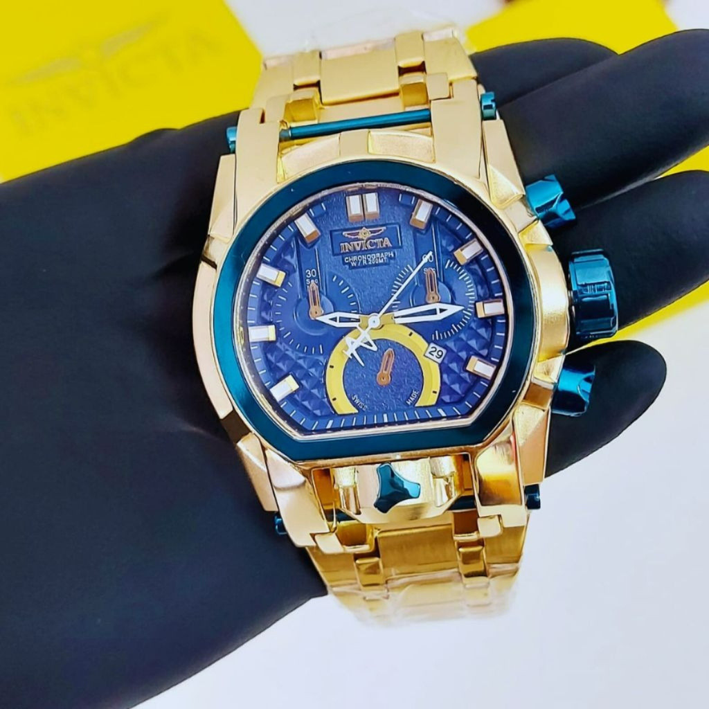 Relogio Invicta Bolt Zeus RP Dourado Fundo Azul | Shopee Brasil