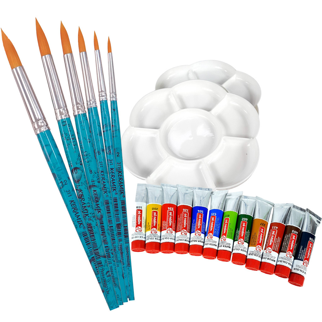 Kit Pintura Aquarela 6 Pincel Keramik 311 Tinta Talens 12 Cores ...