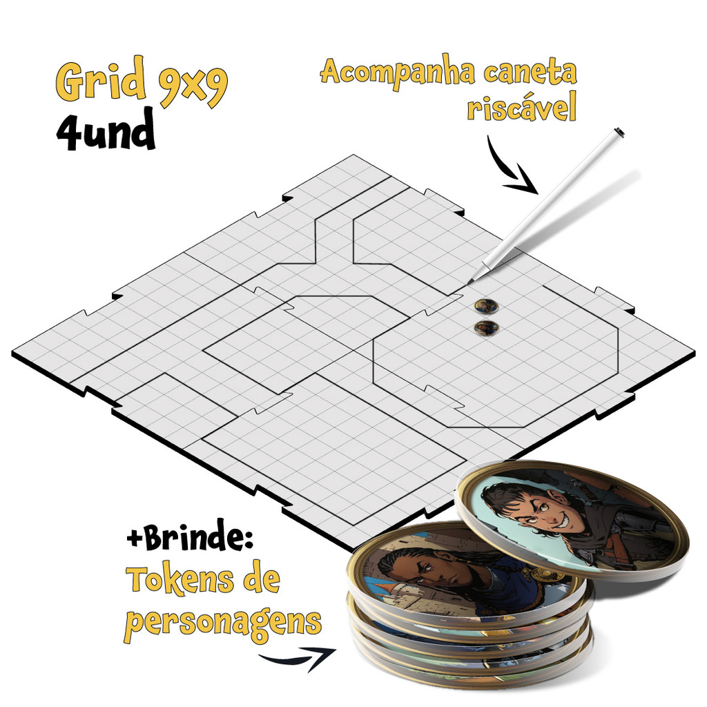 Grid riscável para RPG de mesa com tokens de personagens e caneta ...