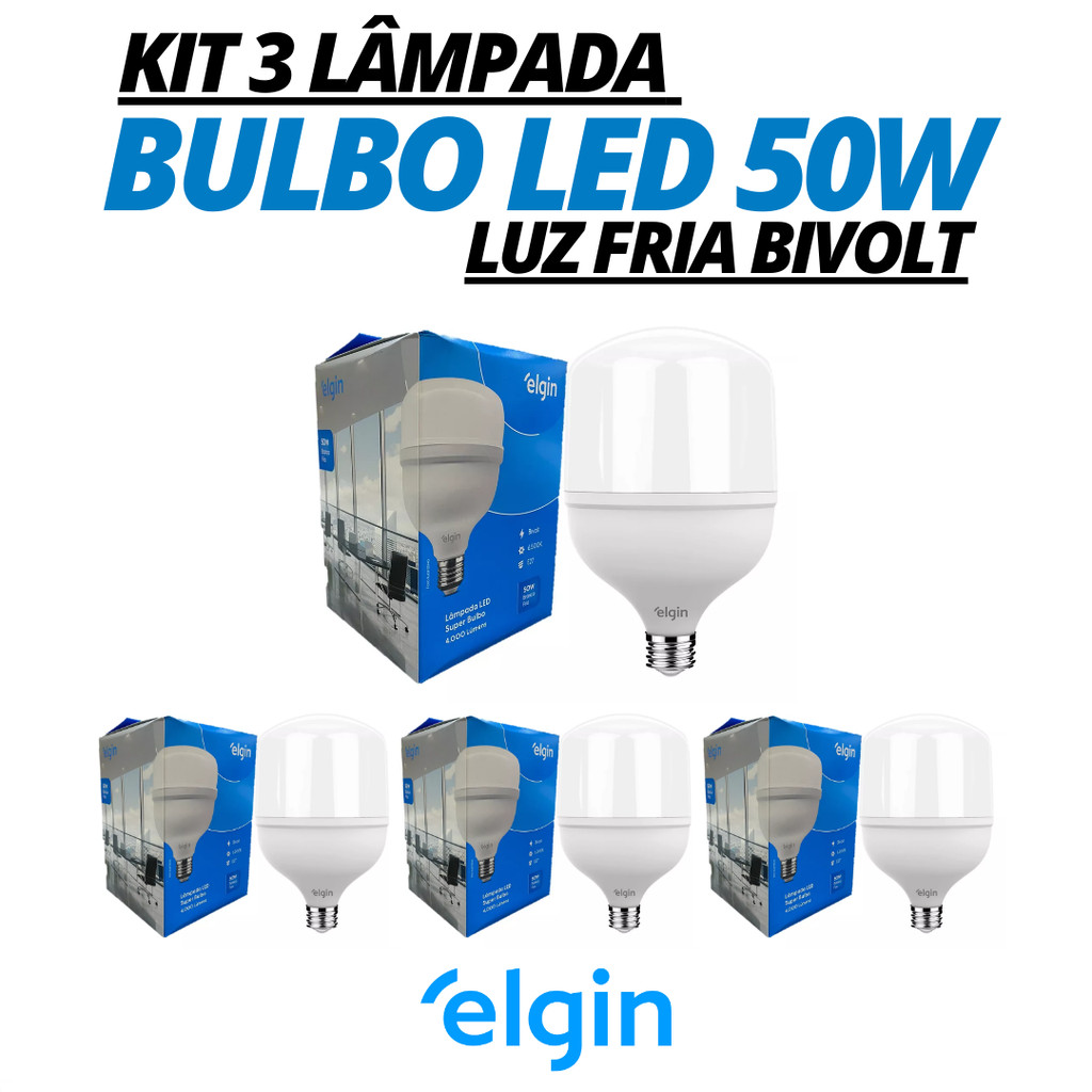 Kit 3 Lâmpada Led Bulbo 50w Alta Potência E27 Bivolt Luz Branca 6500k | Shopee Brasil