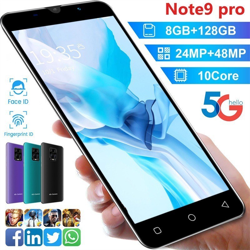 Telefone móvel barato Note9 Pro tela de 5.5 polegadas 8GB RAM + 128GB ROM 5G celular Android ...