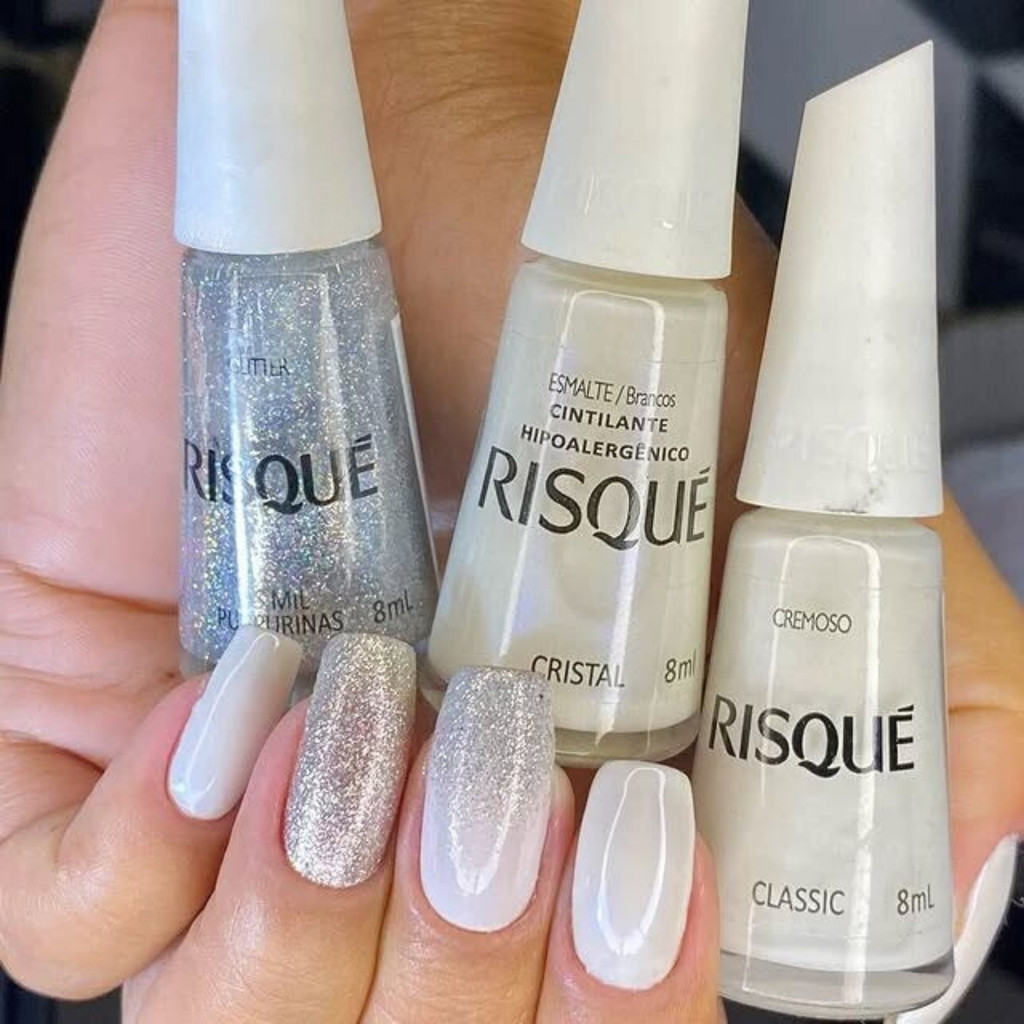 Kit 3 Esmaltes Risque Branco Renda Francesinha Glitter | Shopee Brasil