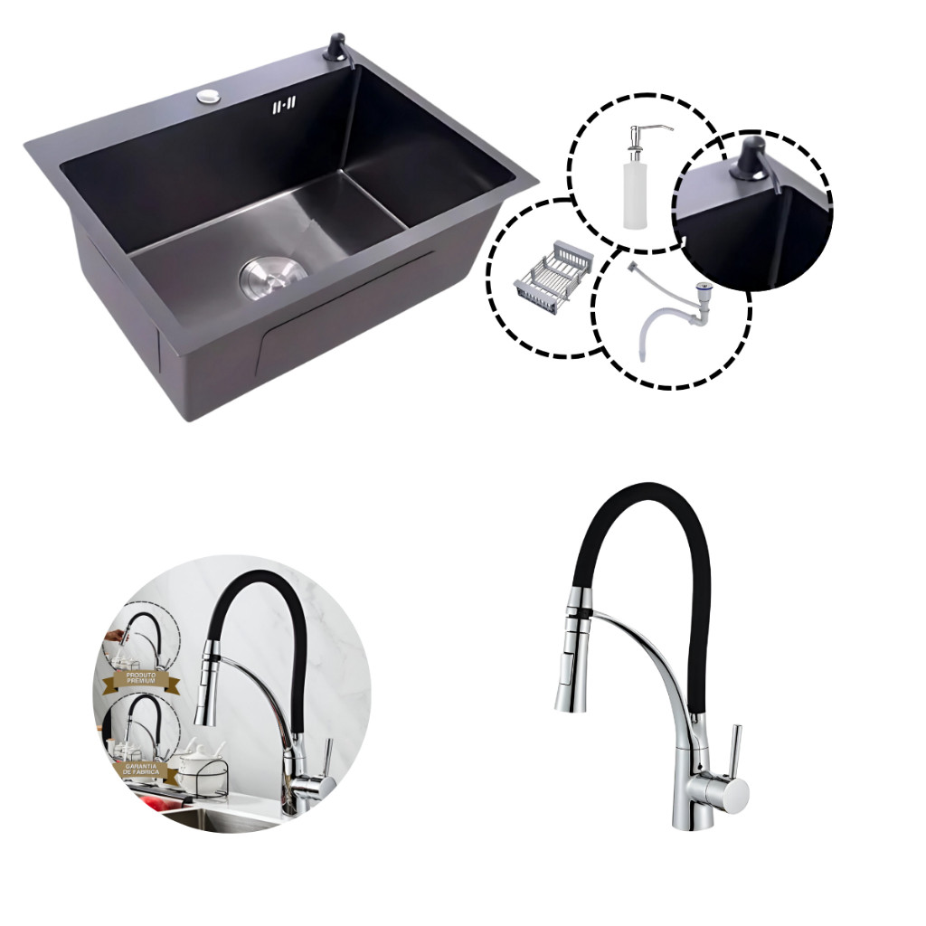 Cuba Inox Gourmet 60x45cm Preto Quadrada Cozinha Luxo Incluso Torneira ...