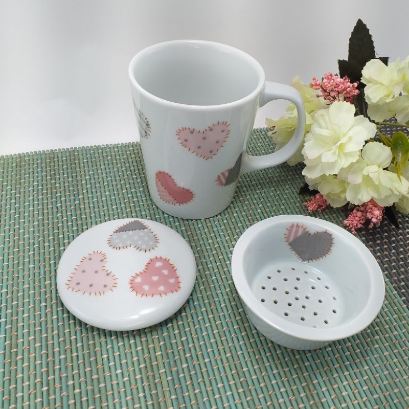 Caneca de Chá Infusora com Tampa e Peneira - Corações Rosa e Cinza ...