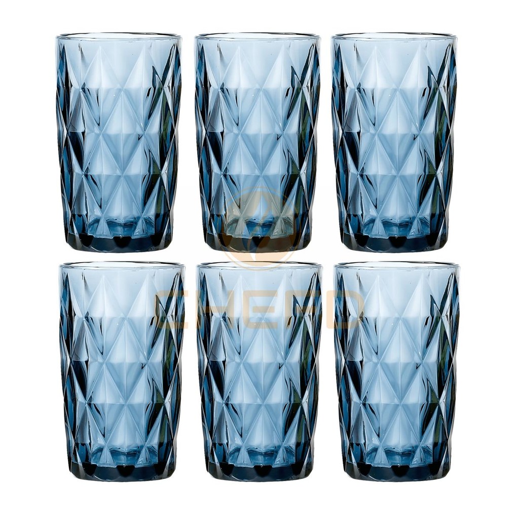 Jogo 6 Copos Vidro Diamante 350ml - Azul, Verde e Rosa Transparente ...