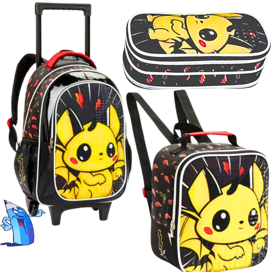 KIT MOCHILA DE RODINHA COM LANCHEIRA E ESTOJO PIKACHU INFANTIL ESCOLAR ...