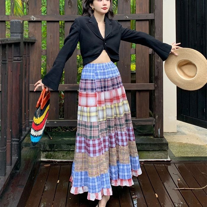 Saia de Patchwork Estilo Pastoral para Mulheres Verão Roupa de Dopamina ...
