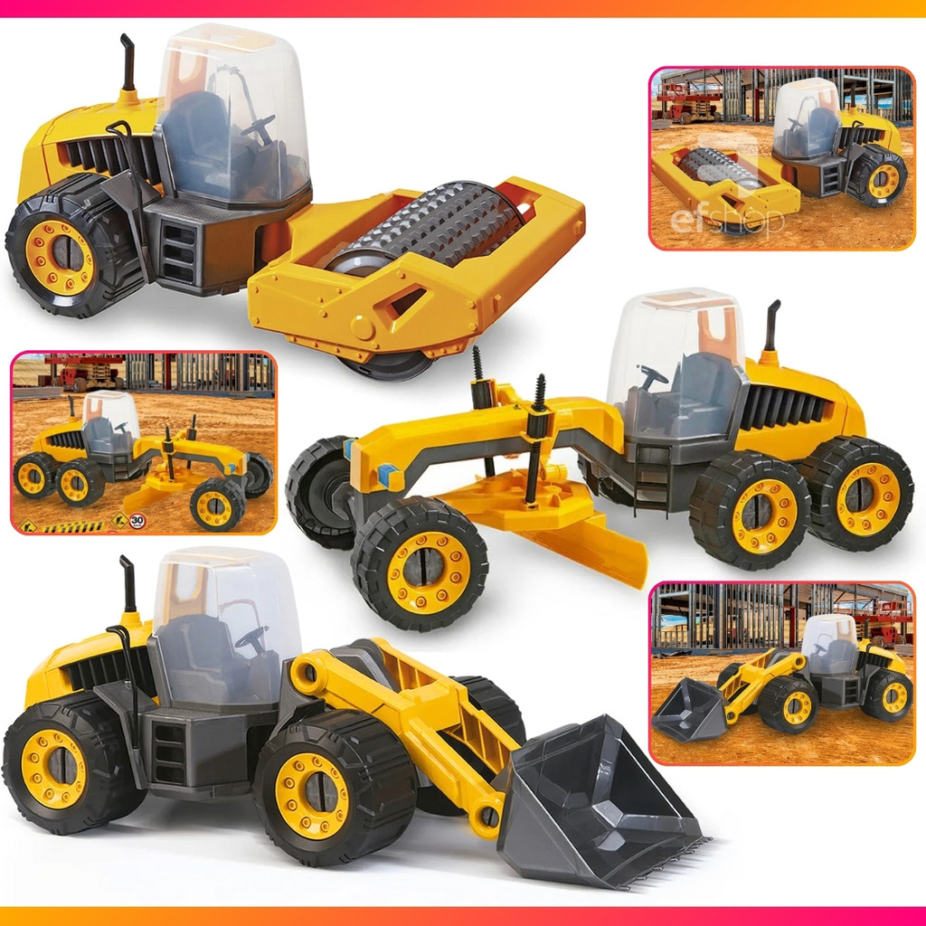 Kit 3 Máquinas Trator Carregadeira Niveladora Rolo Compressor Gigantes ...