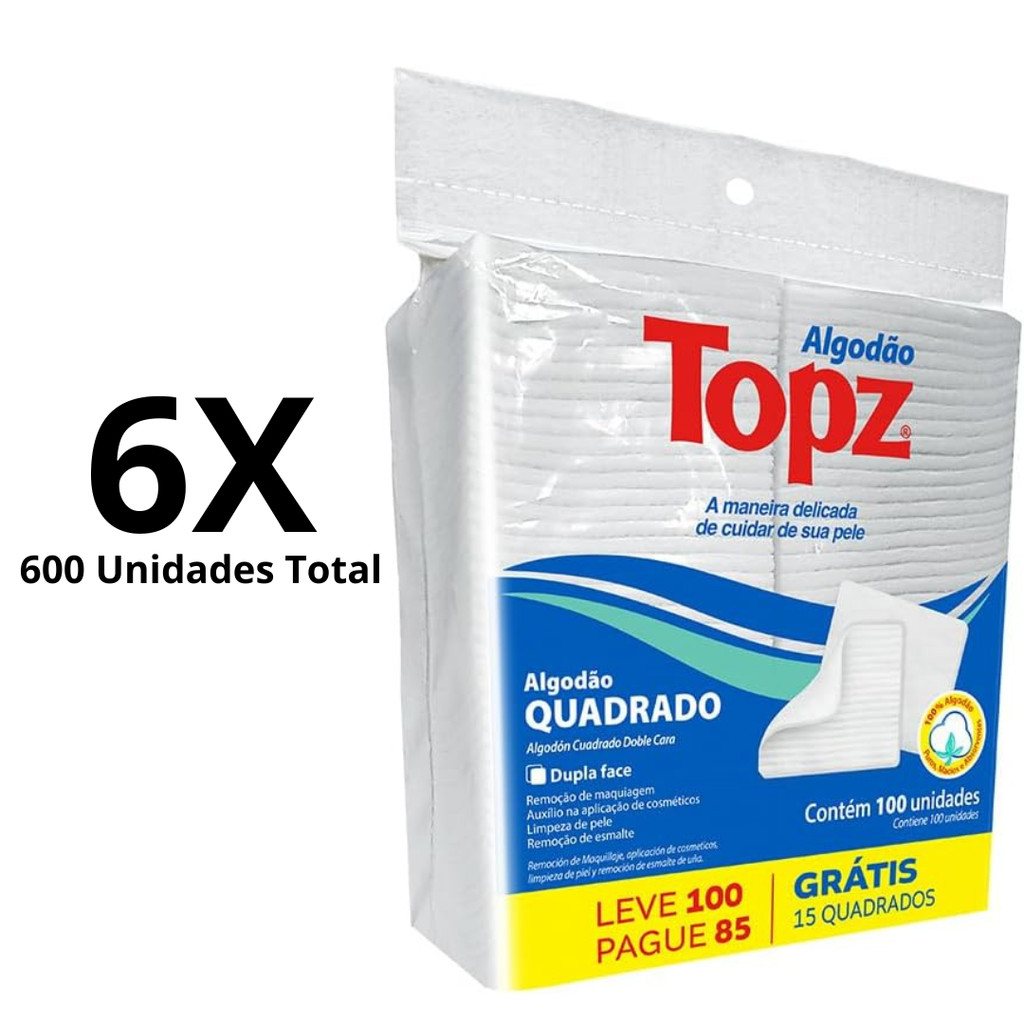 Kit 6 Algodão Topz Quadrado Limpeza Facial Dupla Face Removedor ...