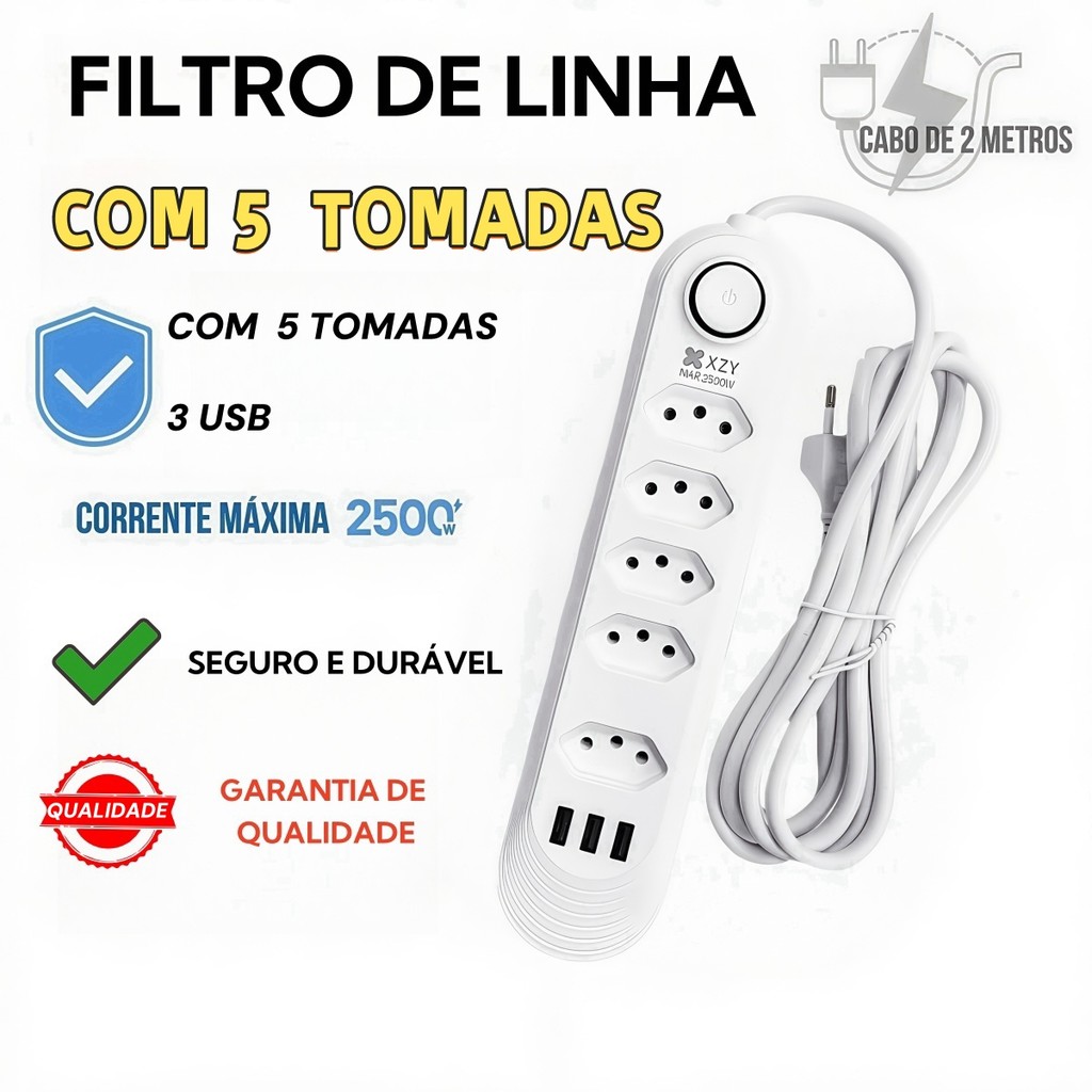 Extensão Elétrica 2 Metros com 4 a 8 Tomadas, USB, Type-C, Bivolt (110V/220V) 10A | Shopee Brasil