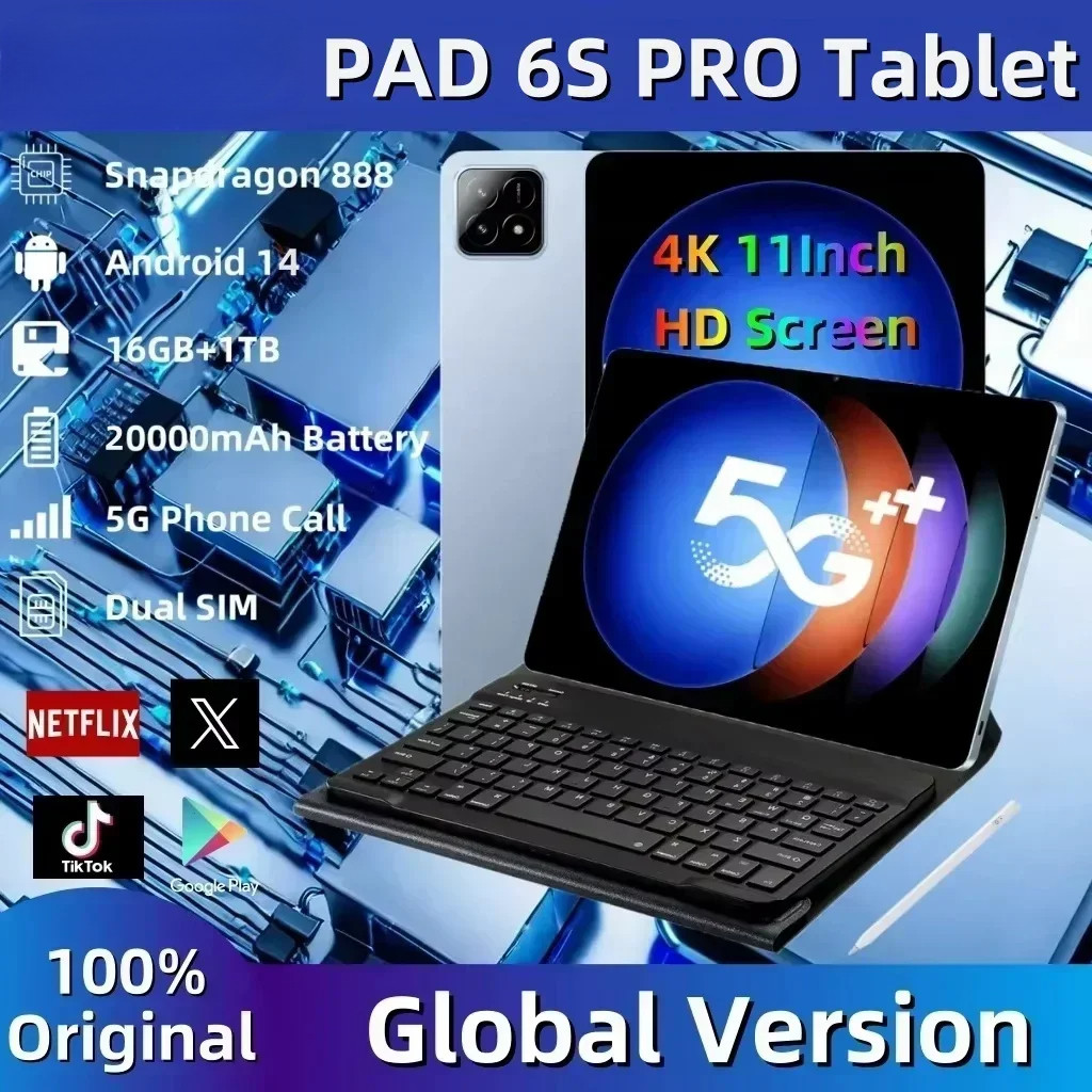 2025 nova almofada 6S Pro Tablet 11-Polegada HD 4K Android 14 16GB + 1T ...