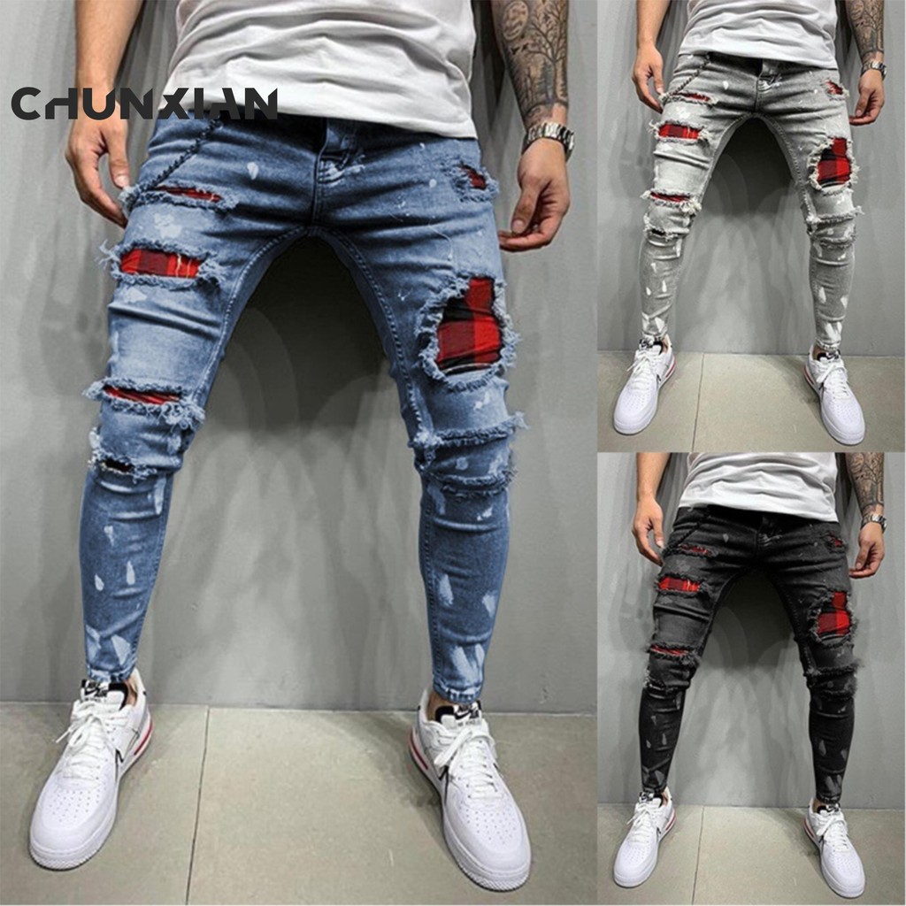 Calças De Ganga skinny jeans Masculinas Rasgadas De Rua Moda retro ...