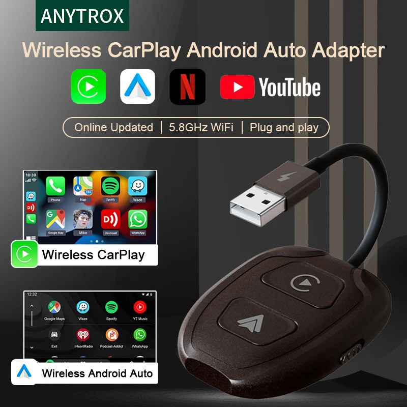 Adaptador Sem Fio Android Auto & Apple CarPlay 2 em 1, Adaptador Sem Fio de 5.8 GHz para Carros ...