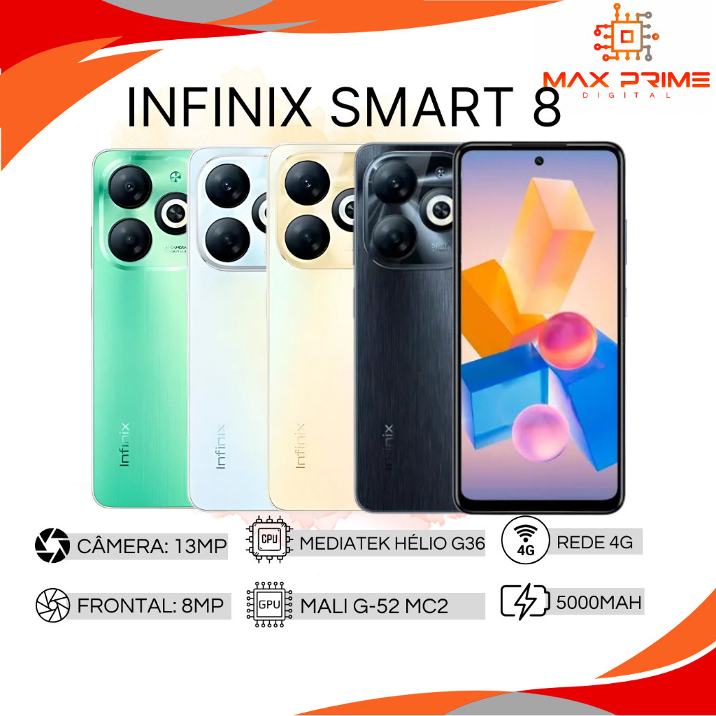 Celular Infinix Smart 8 128GB/4GB RAM, Mediatek Helium G36 Bateria ...