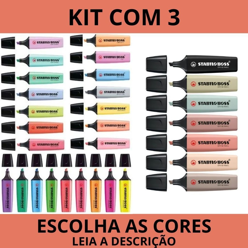 KIT 3 STABILO BOSS - ESCOLHA A COR E LEIA A DESCRIÇÃO | Shopee Brasil
