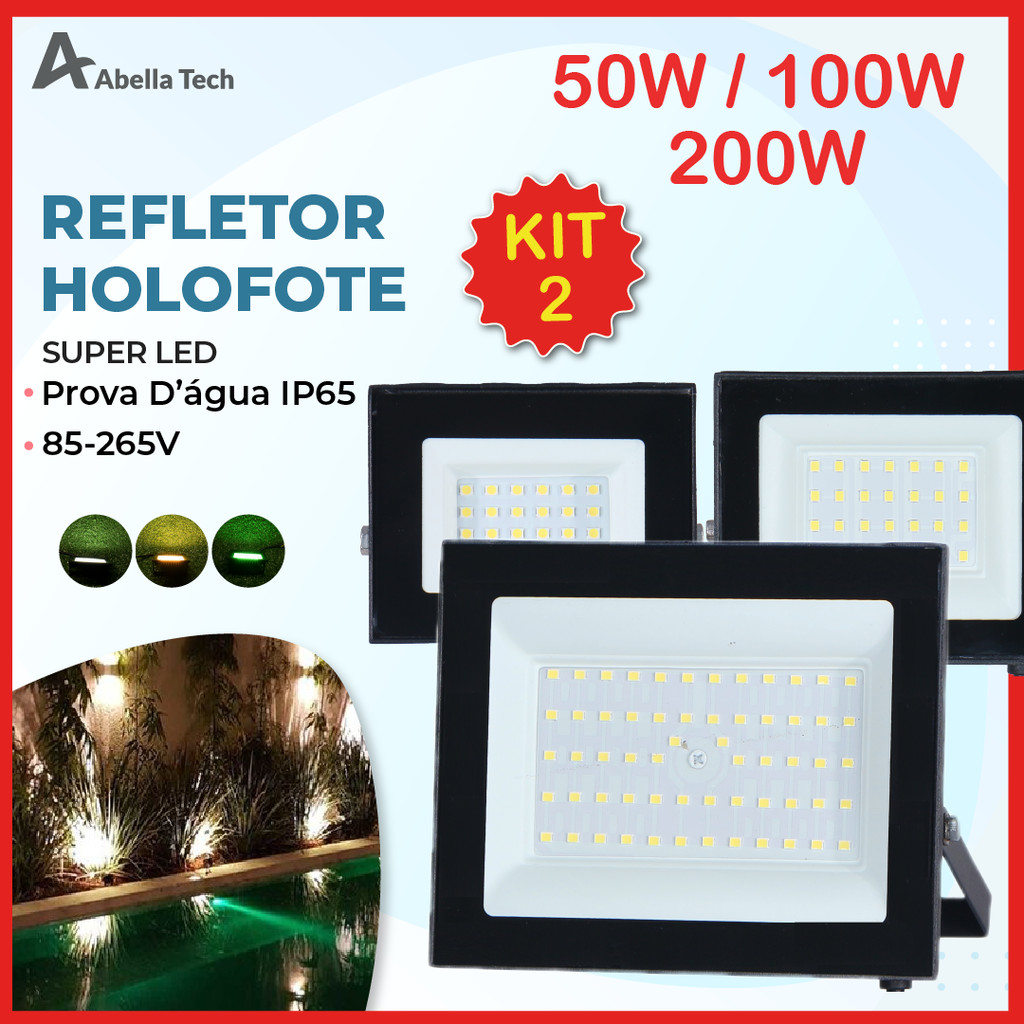 Kit 2 Holofote Refletor Led ECO Pro 200W 100W 50W Branco Frio 6500K Branco Quente Verde | IP65 ...