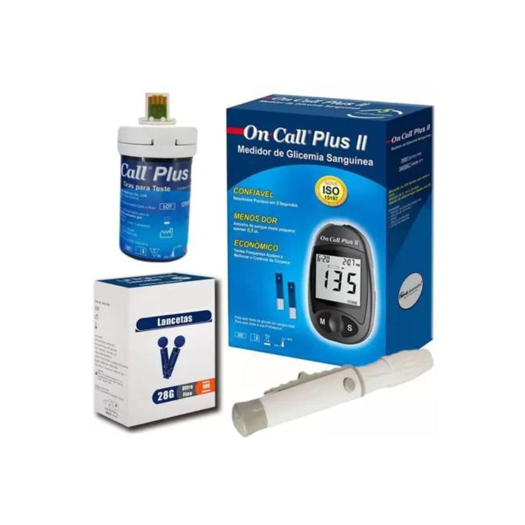 KIT COMPLETO GLICEMIA ON CALL PLUS 2 APARELHO+50 TIRAS+CANETA +100 ...