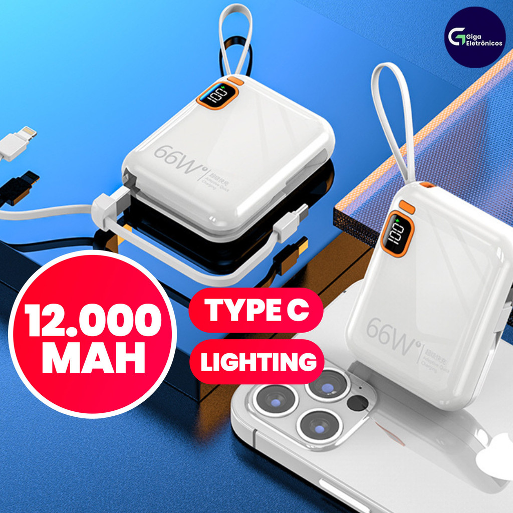 Com cabo integrado bateria carregadora 12000mAh compacta duplo ...