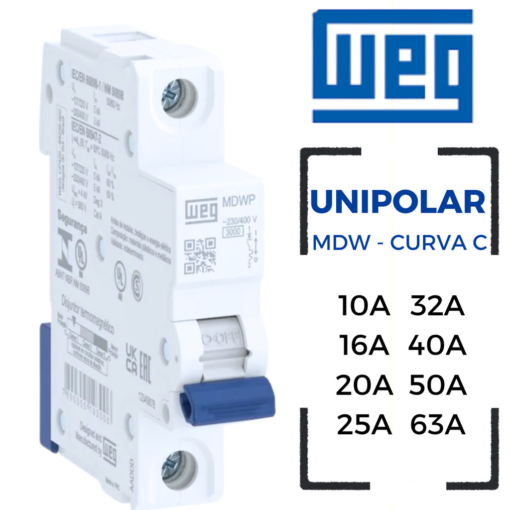 Disjuntor Monopolar 1 Polo 10A 16A 20A 25A 32A 40A 50A 63A Curva C WEG | Shopee Brasil