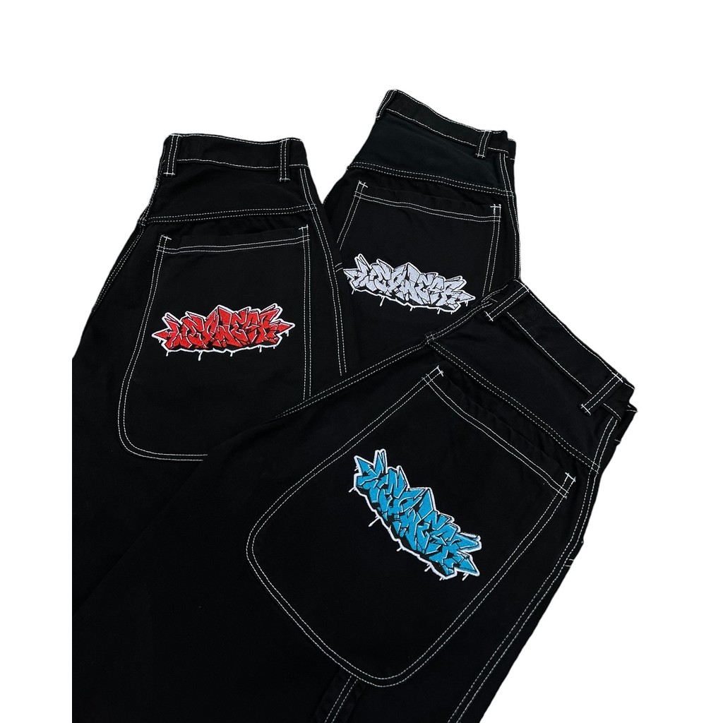 Harajuku Hip Hop Bordado Wexwear Carga Preto Cintura Alta Calças Largas ...