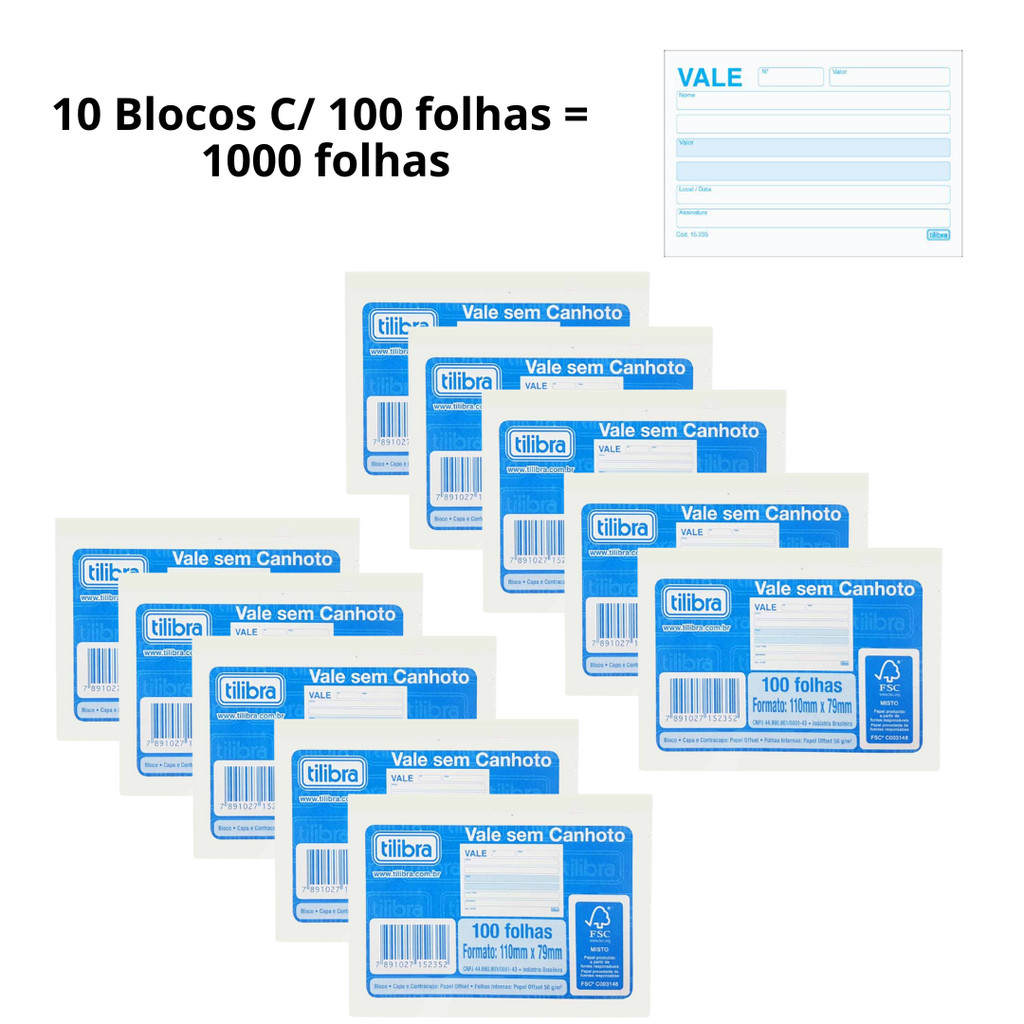 Kit 10 Bloco Vale sem Canhoto 100 Folhas 152358 Tilibra - 1000 Folhas | Shopee Brasil