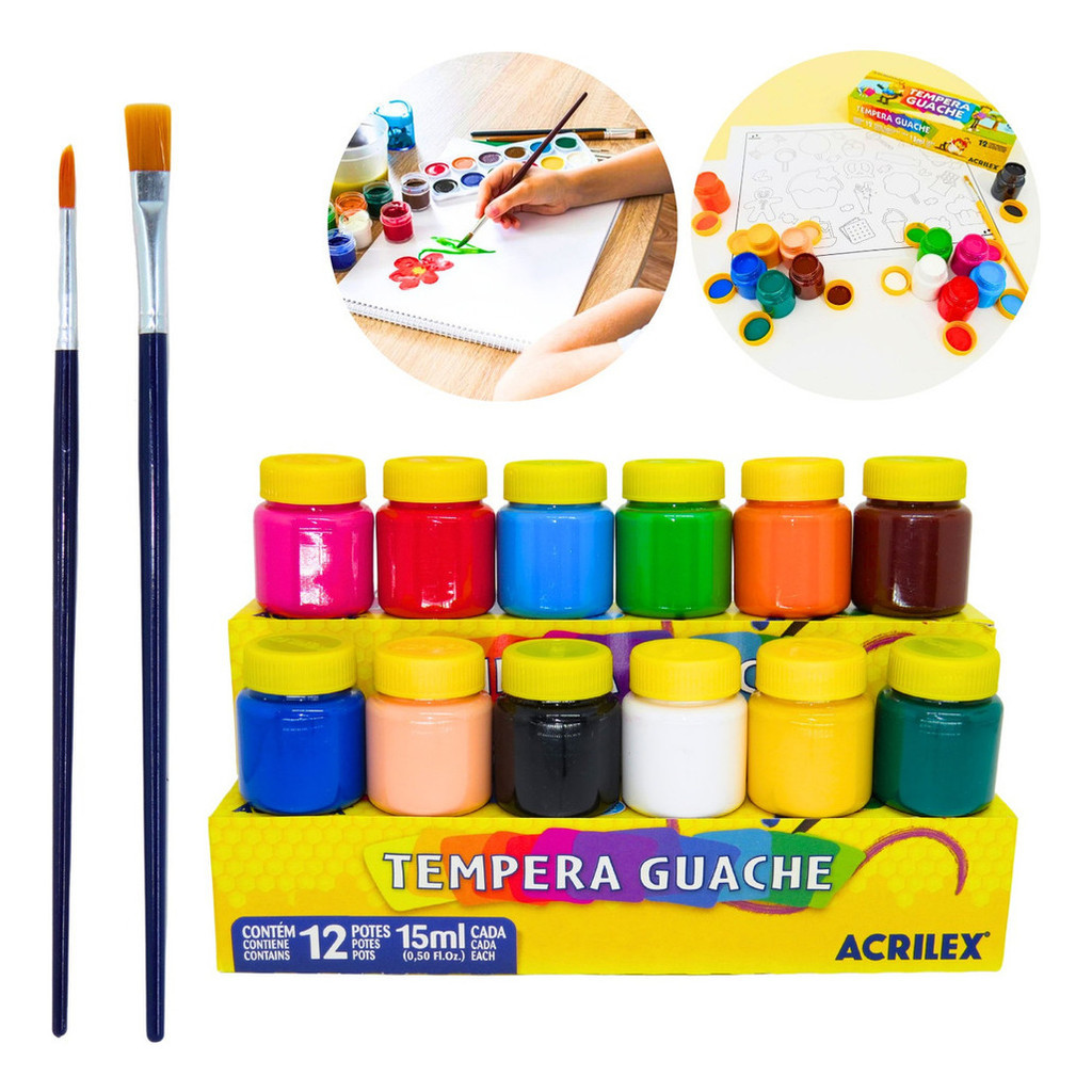 Tinta Tempera Guache Acrilex 12 Cores Pintura + 2 Pincéis Infantil ...