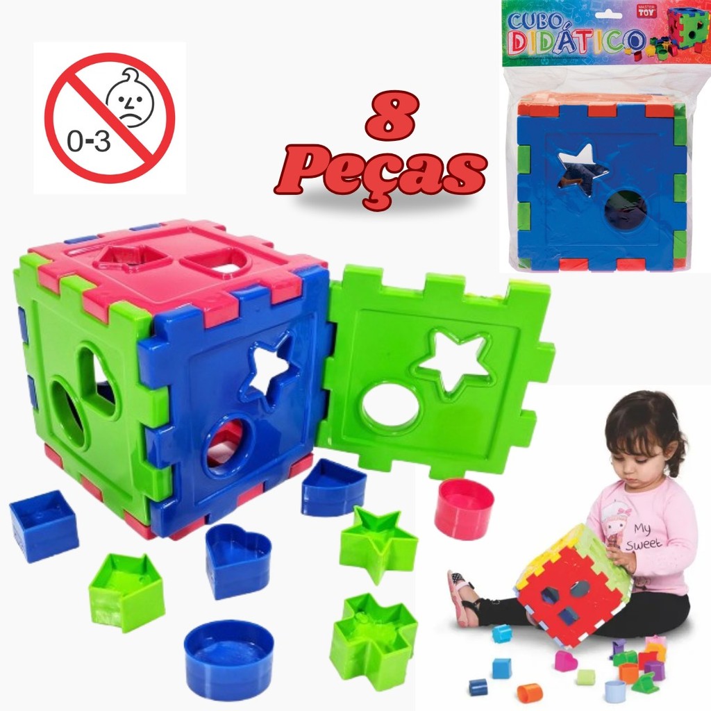 Cubo Didático Infantil Educativo com 8 Formas Geométricas Coordenação ...