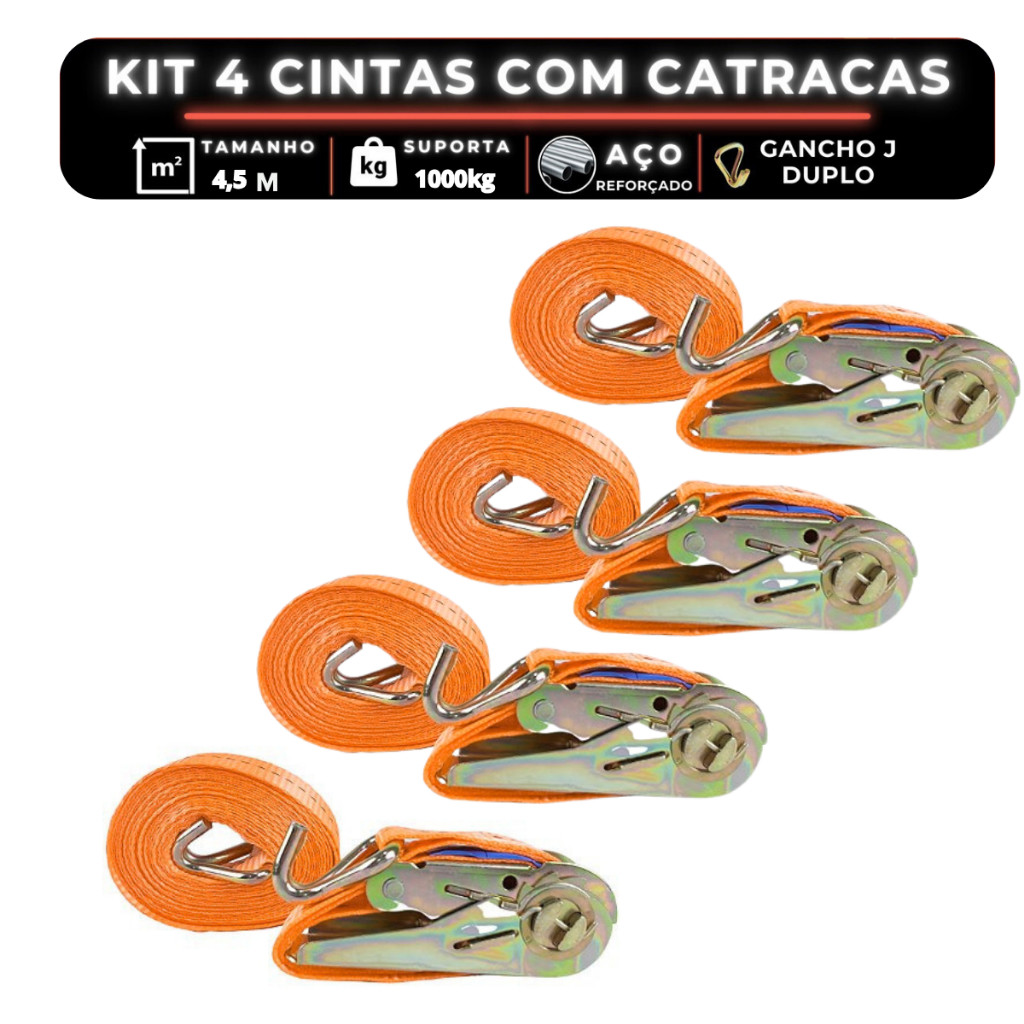 Kit 4 Catraca gancho aço 4000kg + Cinta Amarração 4.5m 25mm Carga moto ...