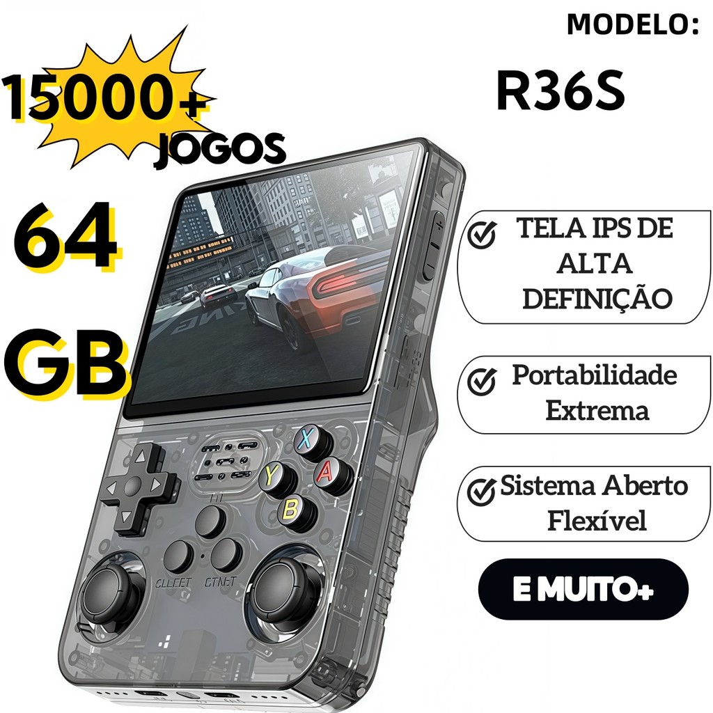 Console Portátil R36S + de 15.000 Jogos Vídeo Game 64g Linux Tela IPS 3.5 Polegadas a Pronta ...