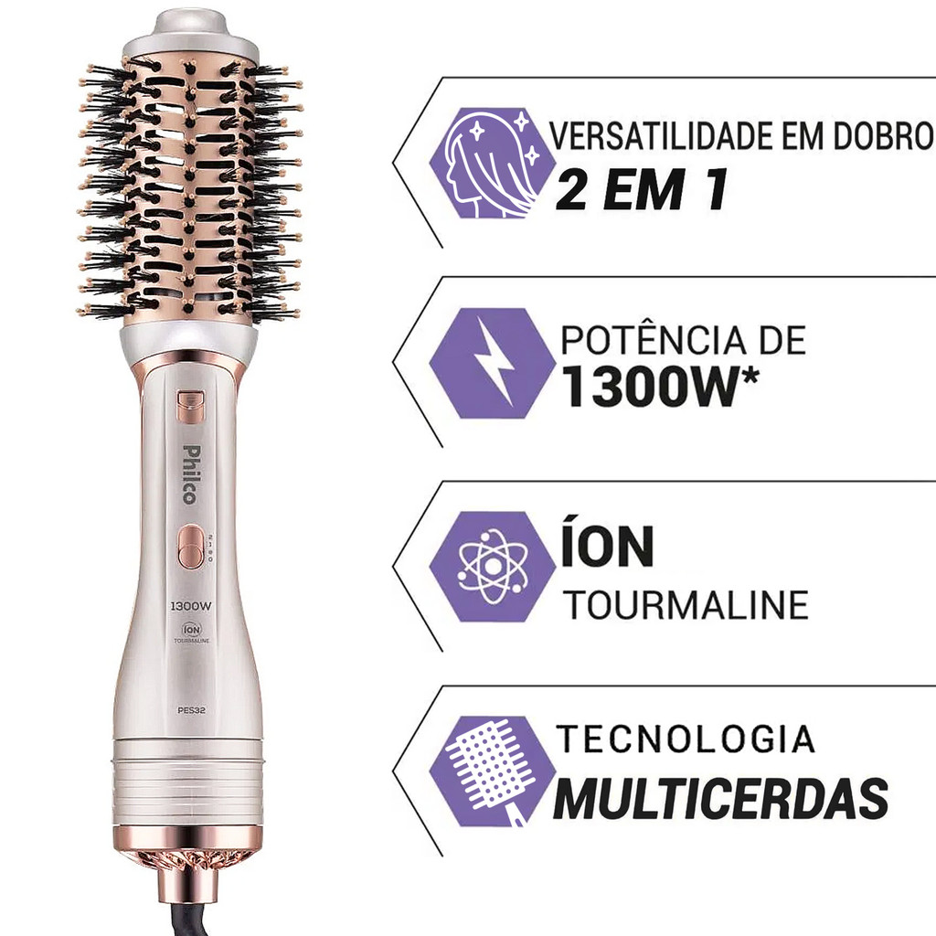 Escova Secadora Philco Bivolt 2 Em 1 1300W PES32 Íon Tourmaline Escova ...