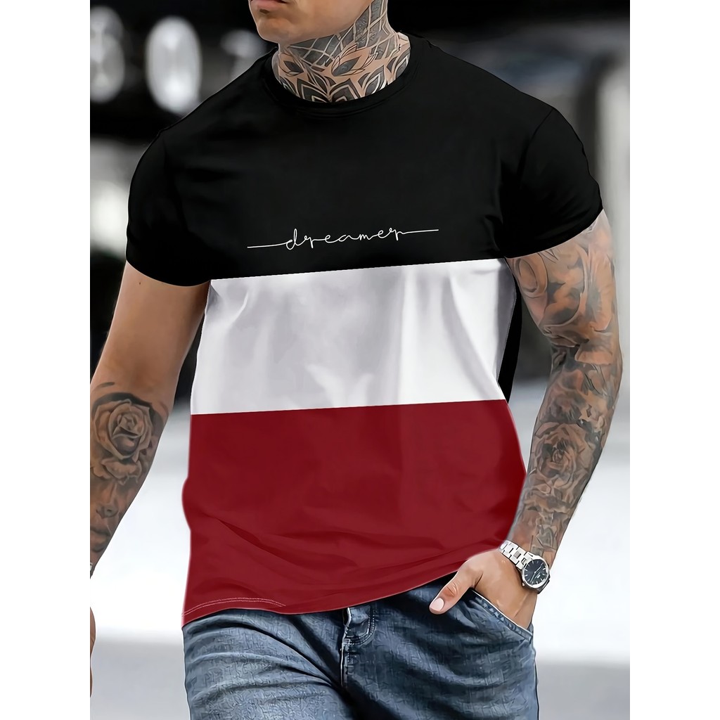 Camiseta masculina Casual de manga curta, Design com letras impressas em 3D