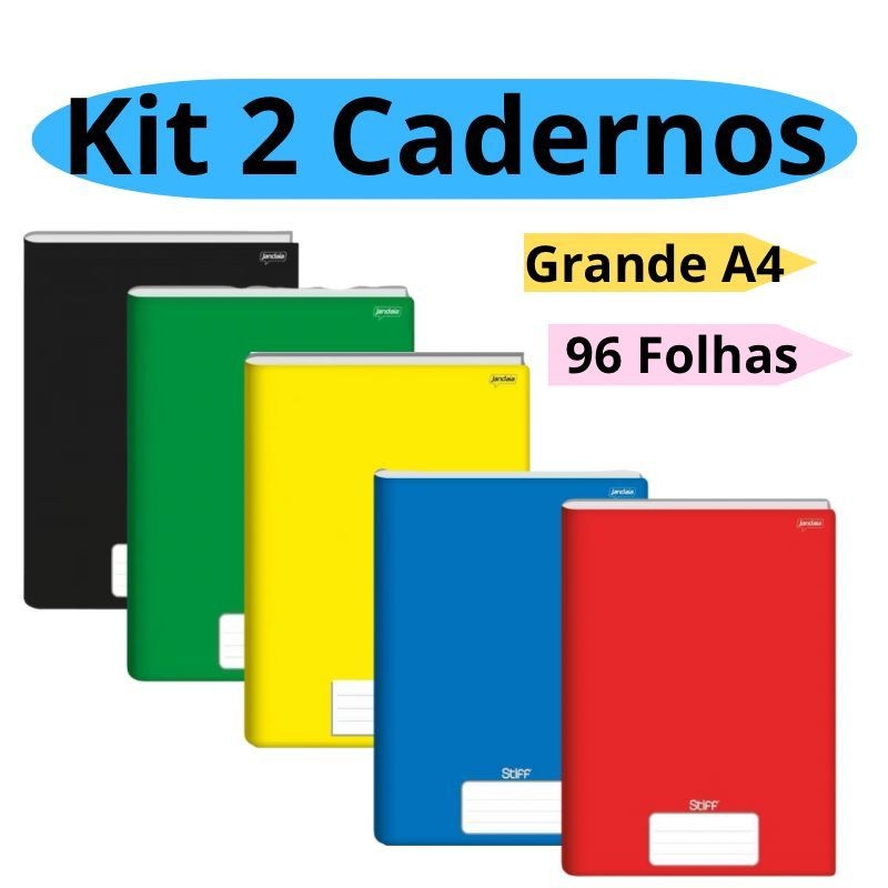 Kit 2 Cadernos Brochura Grande A4 96 folhas Capa Dura Brochurao Escolar ...