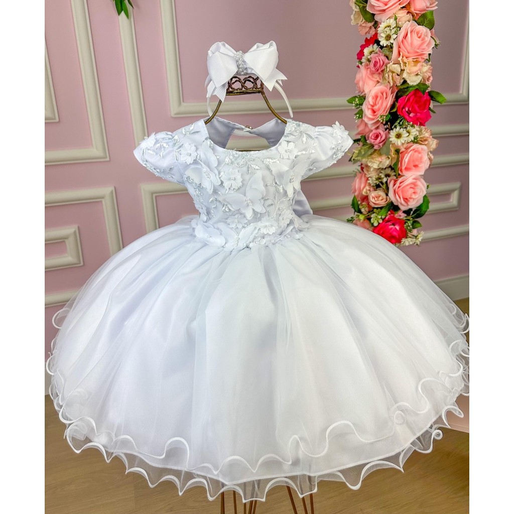 Vestido infantil branco batizado daminha florista formatura Jardim ...