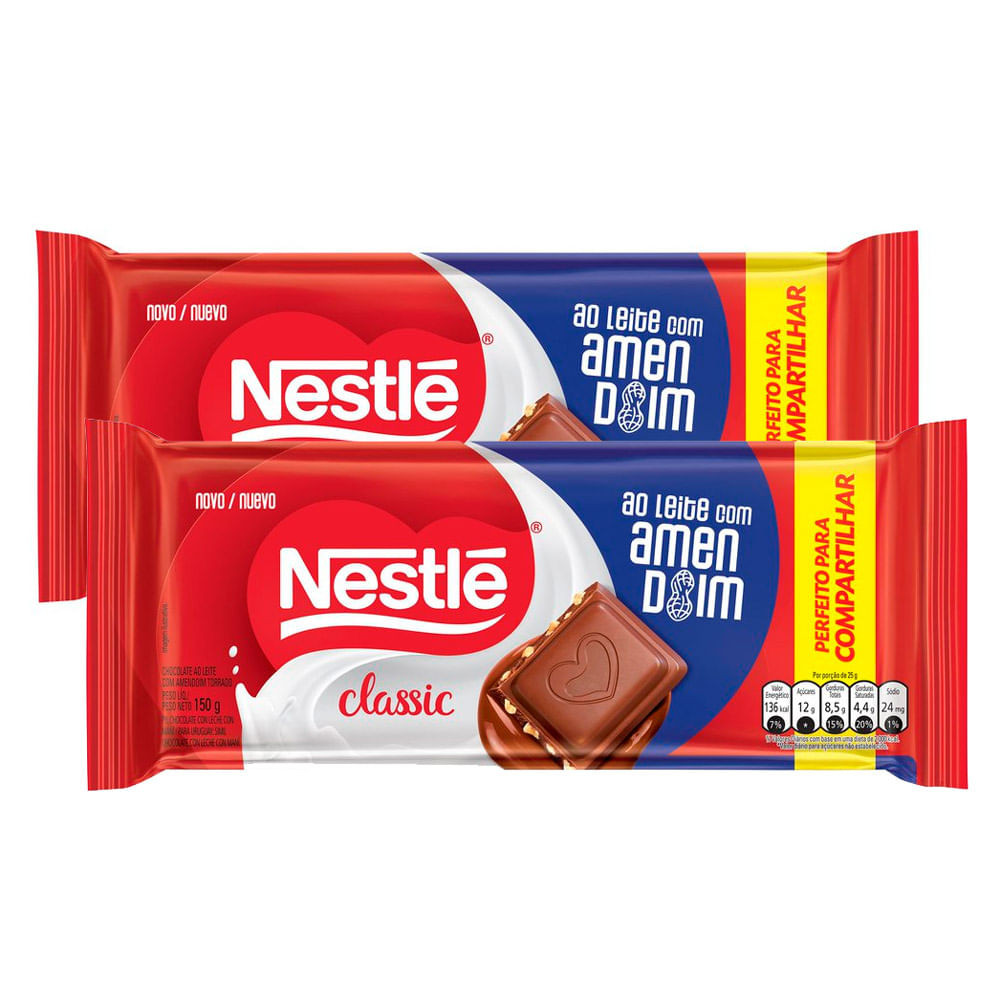 Kit 2 Chocolate Nestlé Classic ao Leite com Amendoim 150g | Shopee Brasil