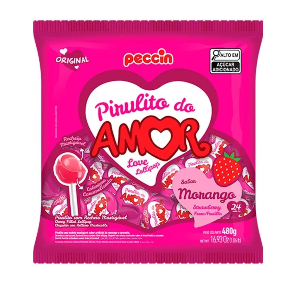 Pacote Pirulito Morango Do Amor 480g C/24 Unids - Peccin | Shopee Brasil
