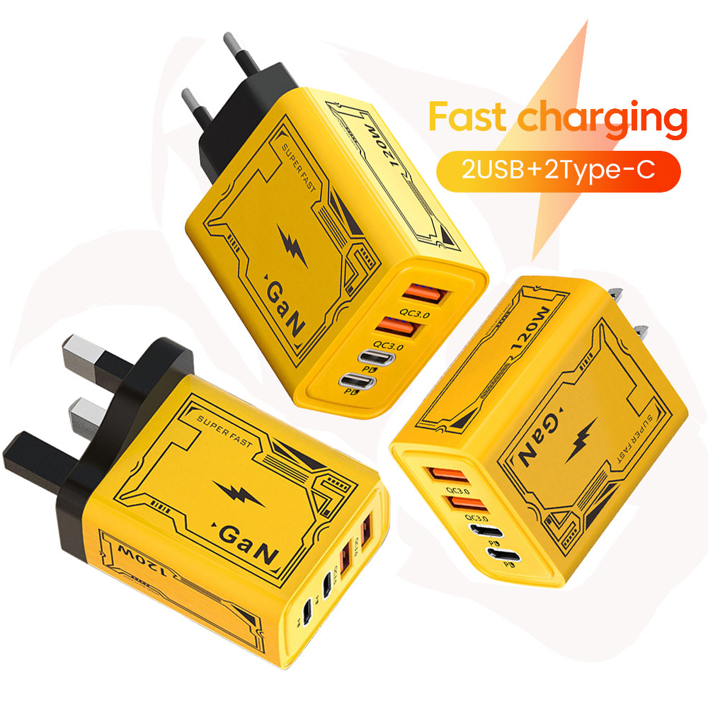 Twitch 120W 2 USB 2 Tipo C Adaptador De Carregador Rápido PD Amarelo Ue Eua Reino Unido Plug ...