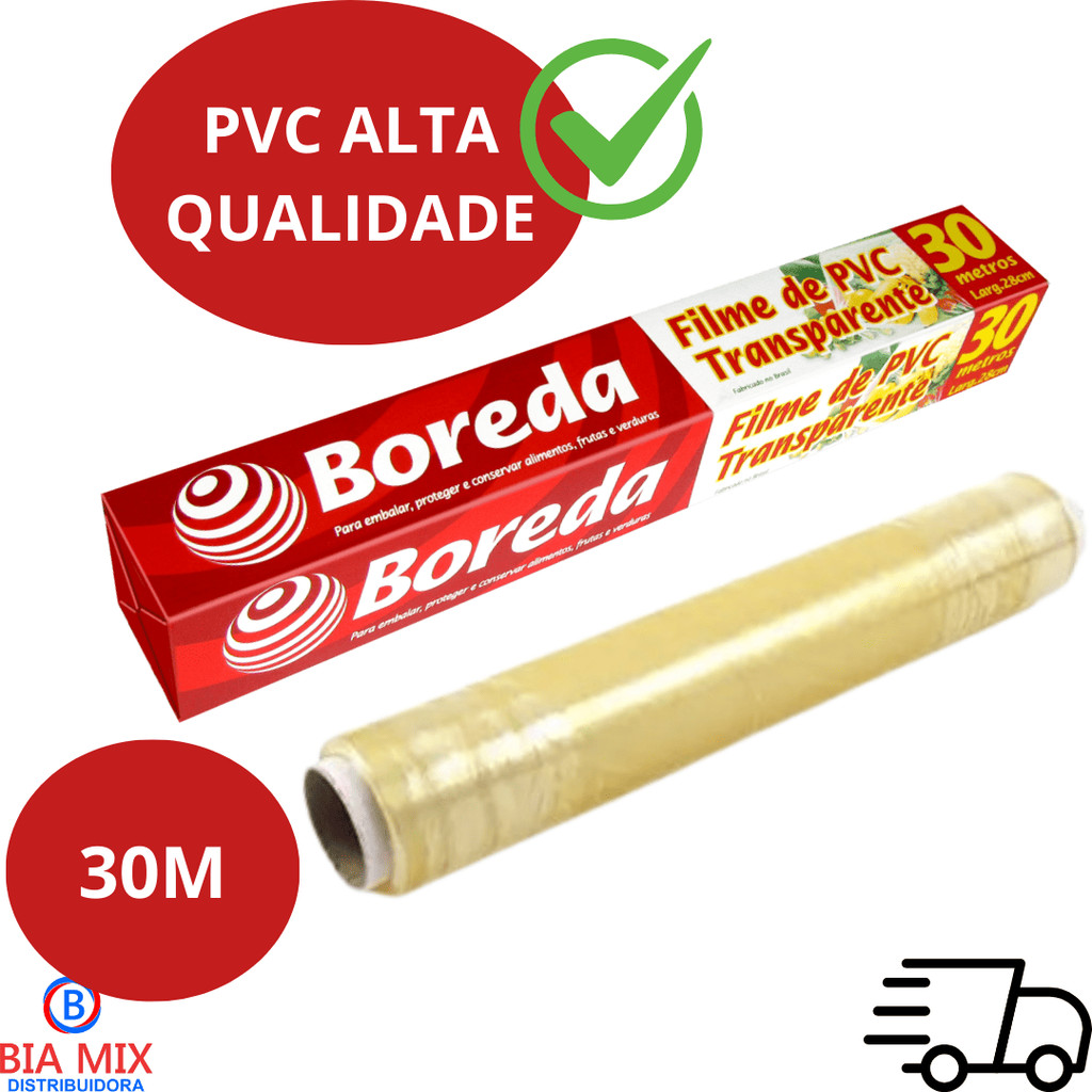 ROLO PLASTICO FILME PVC TRANSPARENTE 28CM X 30M BOREDA | Shopee Brasil